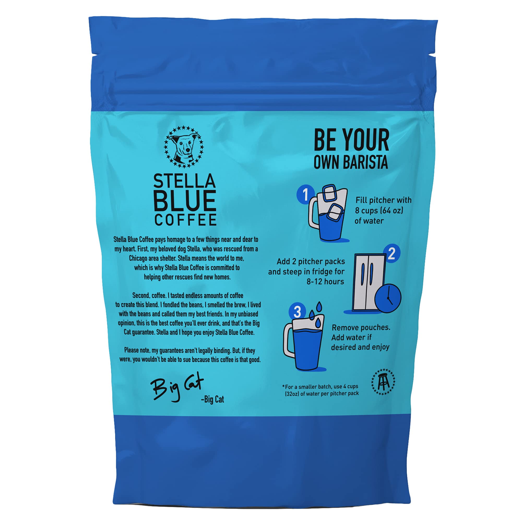STELLA BLUE Fresh Cold Brew Coffee | Big Cat Blend | 100% Arabica MEDIUM Roast | Enriching Caramel & Hazelnut Notes & Sweet Fruitiness | Cold Brew for True Fanatics | 6 Packets to Make 24 Cups