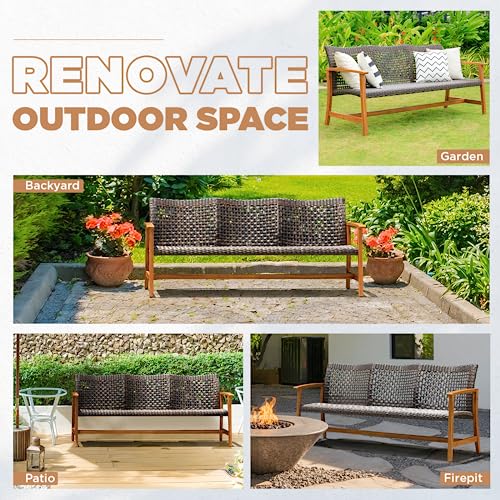 IDZO 1000lbs Capacity, FSC Certified 3 Seater Patio Couch with Upgraded 2000Hours UV Resistant Wicker, Teak Finish Furniture Set, Trinite Acacia Outdoor Sofa_Brown