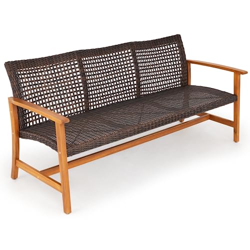 IDZO 1000lbs Capacity, FSC Certified 3 Seater Patio Couch with Upgraded 2000Hours UV Resistant Wicker, Teak Finish Furniture Set, Trinite Acacia Outdoor Sofa_Brown