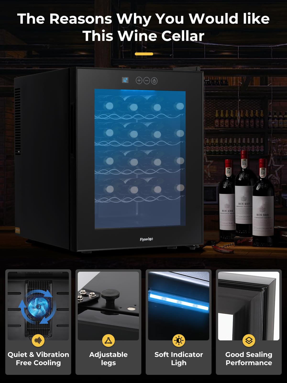 Flyseago Wine Cooler 20 Bottles Eco Friendly Smart Control Wine Cellar with Digital Display Under Counter No Assembly Freestanding Wine Refrigerator Double Glass Door for Bar, Kitchen, Hotel, Rv¡