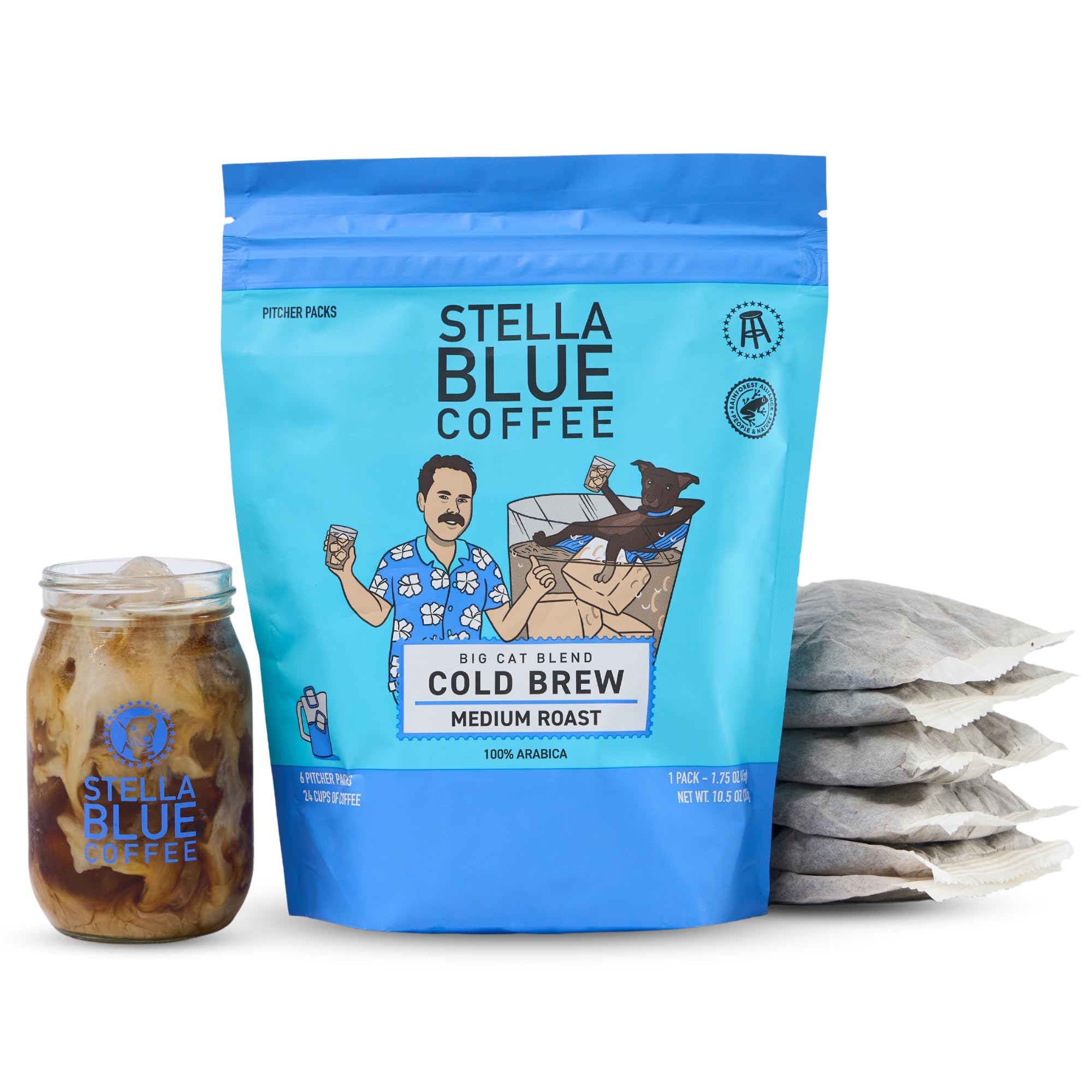 STELLA BLUE Fresh Cold Brew Coffee | Big Cat Blend | 100% Arabica MEDIUM Roast | Enriching Caramel & Hazelnut Notes & Sweet Fruitiness | Cold Brew for True Fanatics | 6 Packets to Make 24 Cups