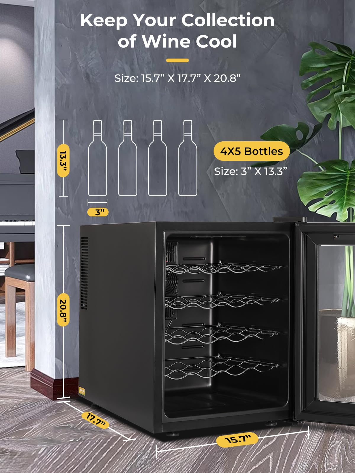 Flyseago Wine Cooler 20 Bottles Eco Friendly Smart Control Wine Cellar with Digital Display Under Counter No Assembly Freestanding Wine Refrigerator Double Glass Door for Bar, Kitchen, Hotel, Rv¡