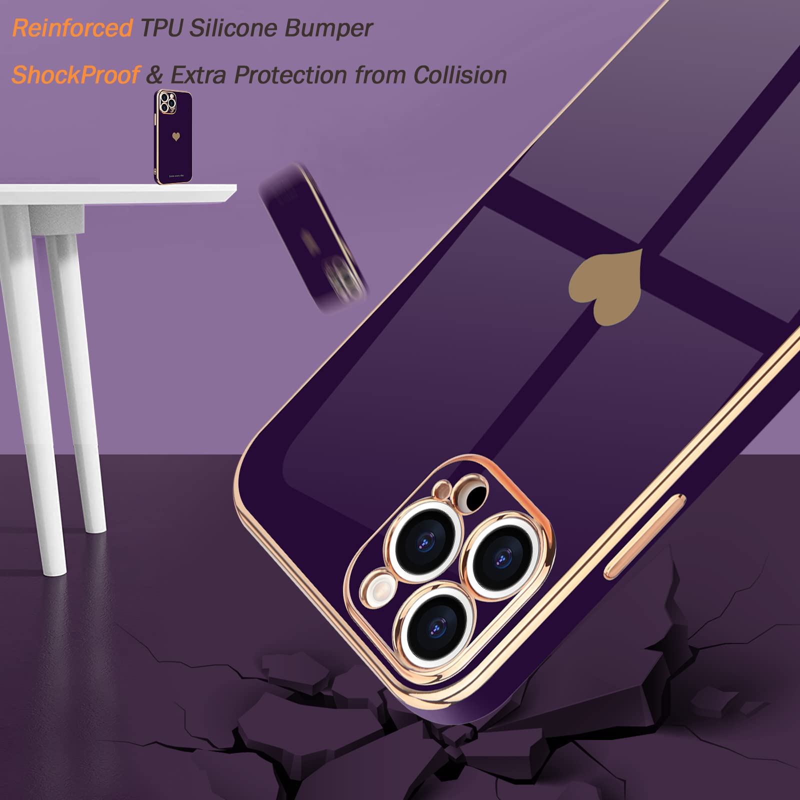 Teageo Compatible with iPhone 13 Pro Max Case for Girl Women Cute Love-Heart Luxury Bling Soft Cover Raised Camera Protection Bumper Silicone Shockproof Phone Case for iPhone 13 Pro Max, Dark Purple