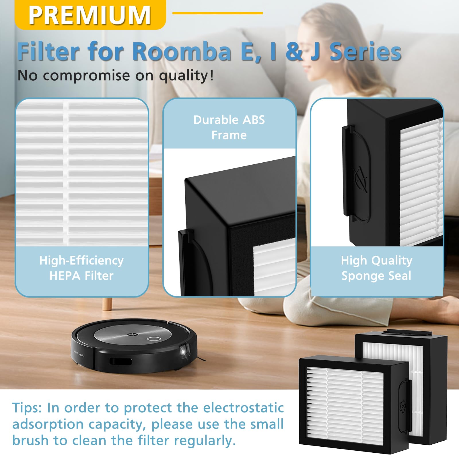 Filter Replacement for iRobot Roomba e, i and j Series i7 i7+/plus i3 i3+ E5 E6 E7 i4 i6 i6+ i8 i8+ Robot Vacuum Cleaners parts, 9 Pack High Efficiency 4639161 Filters