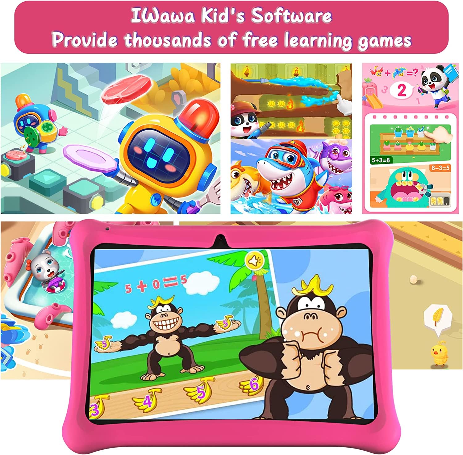 Naclud Android 12 Kids Tablet, 2GB+32GB Kids Tablets, 10 Inch Tablet with Case, WiFi, Parental Control APP, Dual Camera, Educational Games, iWawa Pre Installed (Pink)