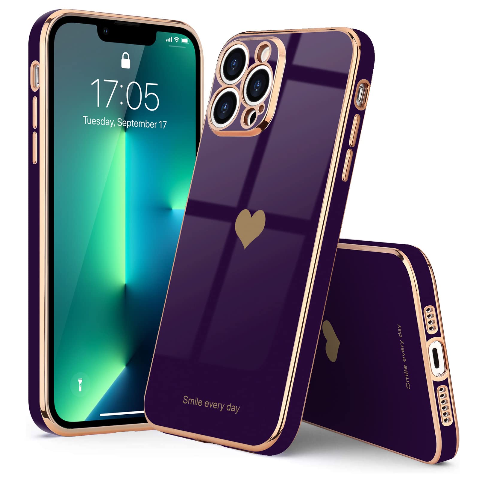 Teageo Compatible with iPhone 13 Pro Max Case for Girl Women Cute Love-Heart Luxury Bling Soft Cover Raised Camera Protection Bumper Silicone Shockproof Phone Case for iPhone 13 Pro Max, Dark Purple
