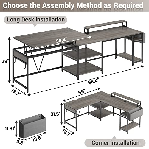 SEDETA L Shaped Desk with Lift Top, 98.4" Computer Desk, Standing Desk Adjustable Height with Storage Shelves, Monitor Stand, and Headphone Hooks for Home Office, Ivory Grey