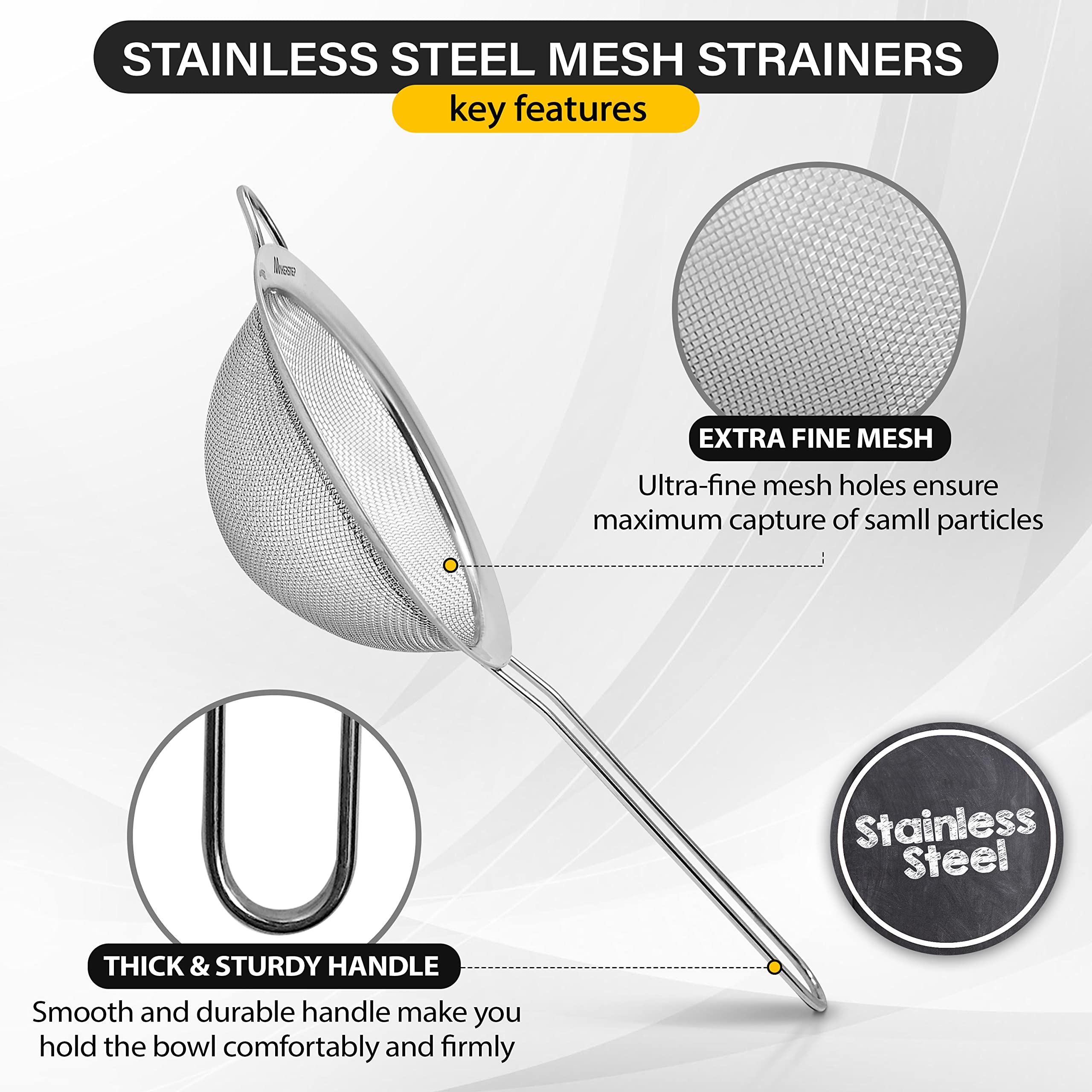 Makerstep Set of 3 Stainless Steel Fine Mesh Strainers Graduated Sizes 3.38", 5.5", 7.87" Strainer Wire Sieve Sifter with Sturdy Handle for Kitchen Gadgets Tools - New Home Kitchen Essentials
