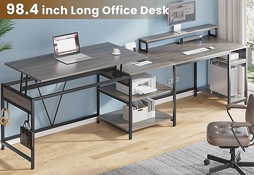 SEDETA L Shaped Desk with Lift Top, 98.4" Computer Desk, Standing Desk Adjustable Height with Storage Shelves, Monitor Stand, and Headphone Hooks for Home Office, Ivory Grey