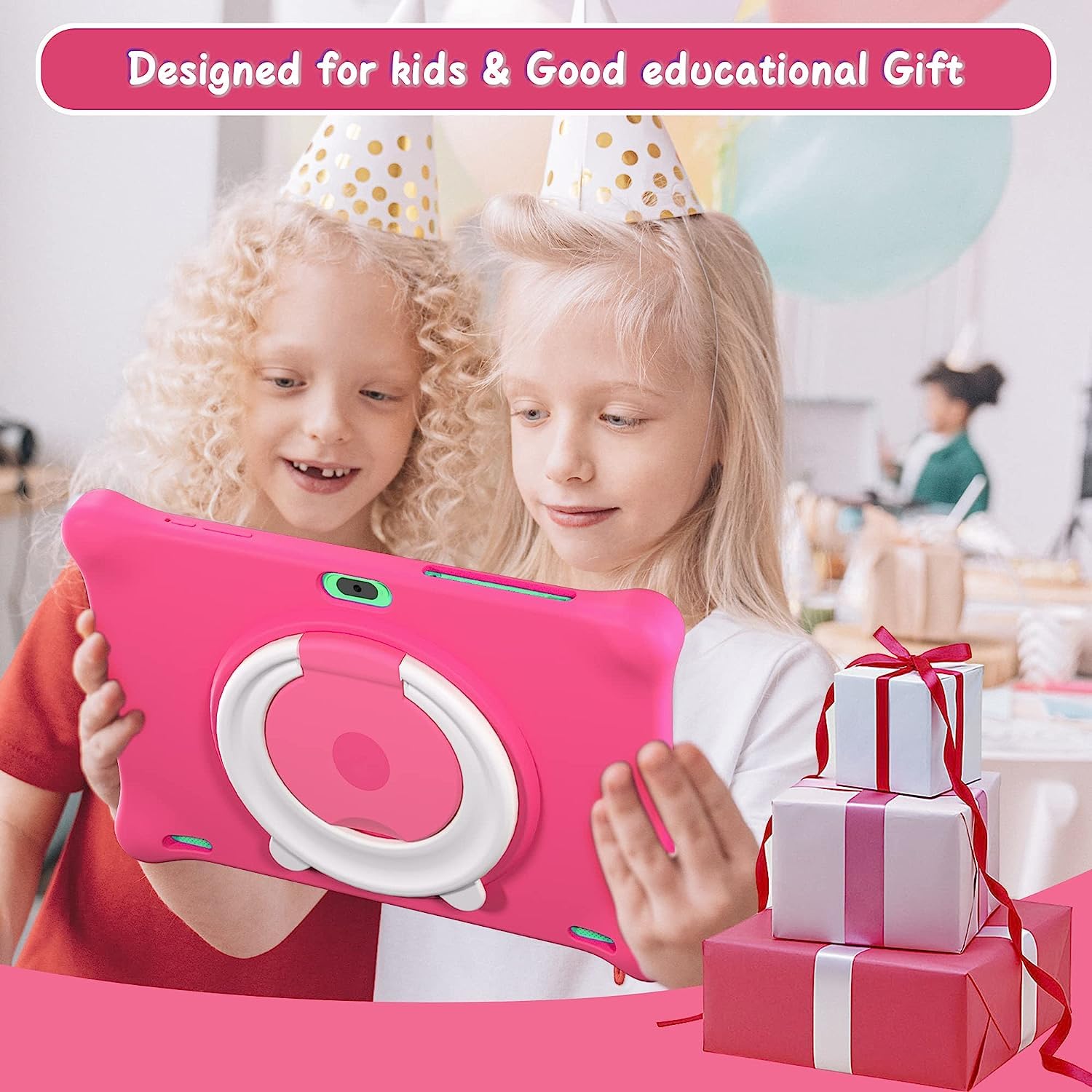 Naclud Android 12 Kids Tablet, 2GB+32GB Kids Tablets, 10 Inch Tablet with Case, WiFi, Parental Control APP, Dual Camera, Educational Games, iWawa Pre Installed (Pink)