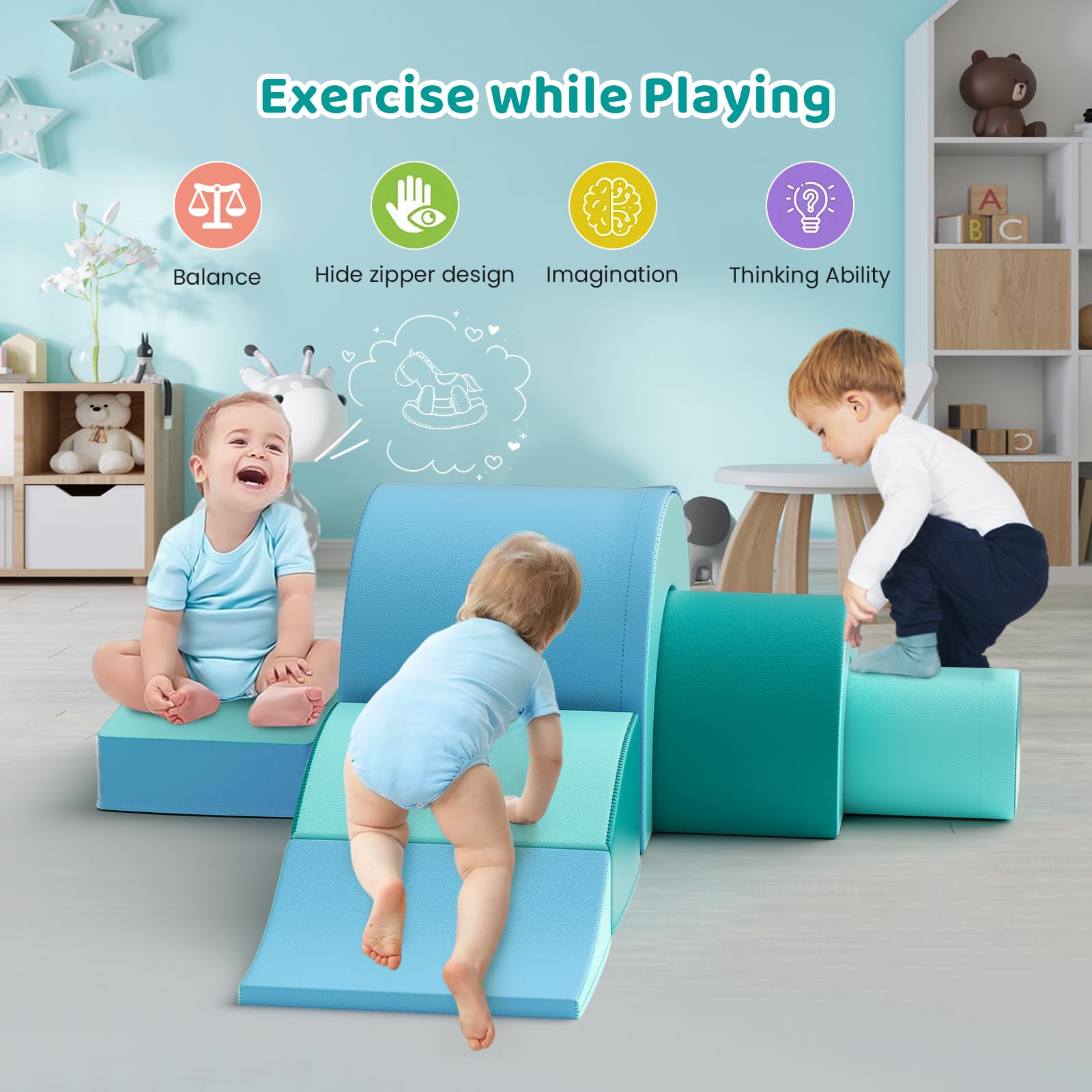 Lischwert Foam Climbing Blocks, Soft Climbing Toys for Toddlers, 5 Pieces Crawl and Climb Foam Playset with Foldable Block and Tunnel, Indoor Climber Activity Play Set for Kids Age 1+
