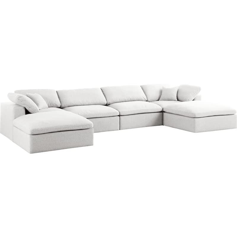 Meridian Furniture Serene Collection Modern | Contemporary Deluxe Cloud-Like Comfort Modular Sectional, Soft Linen Textured Fabric, Down Cushions, 2 Corner + 2 Armless, Cream