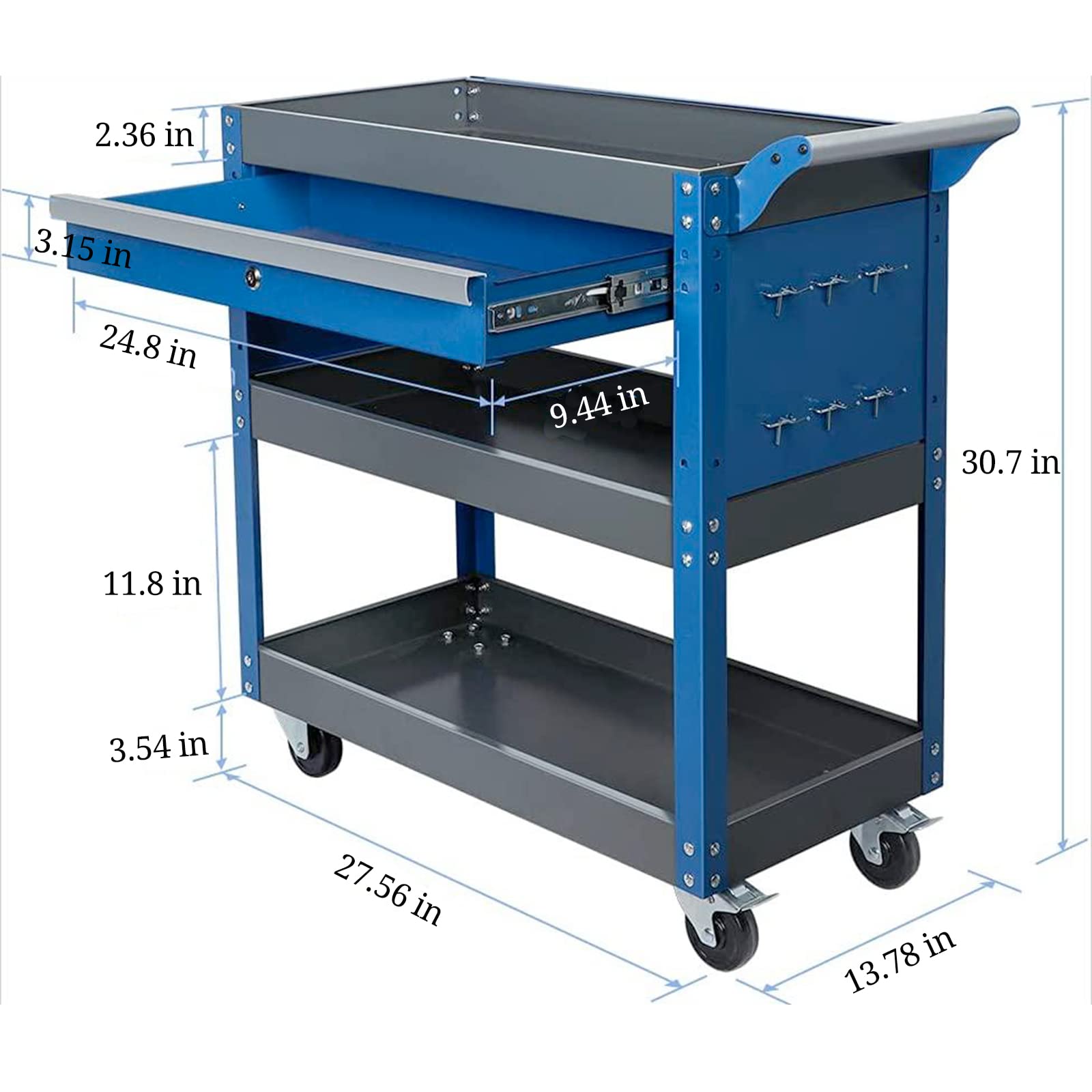 AIRAJ Tool Cart, 3 Tier Rolling Tool Cart with Drawers, Heavy Duty Tool Cart on Wheels for Mechanics,Home Workshop Garage,with Pegboard Hooks, Non-Slip Pearl Wool, 440 lb Load Capacity