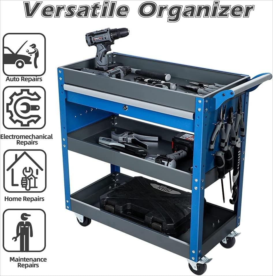 AIRAJ Tool Cart, 3 Tier Rolling Tool Cart with Drawers, Heavy Duty Tool Cart on Wheels for Mechanics,Home Workshop Garage,with Pegboard Hooks, Non-Slip Pearl Wool, 440 lb Load Capacity