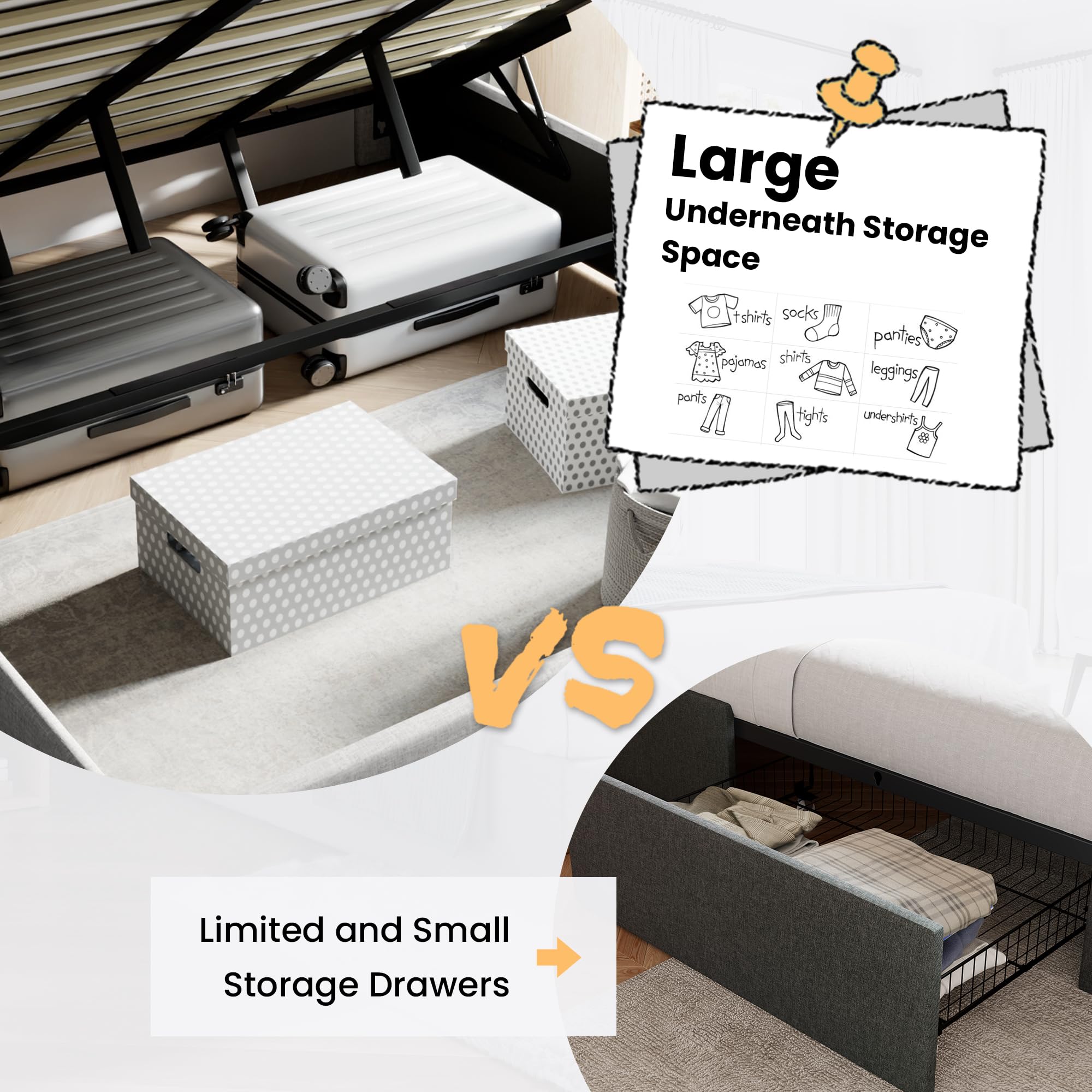 SHA CERLIN King Size Lift Up Storage Bed/Modern Wingback Headboard/Upholstered Platform Bed Frame/Hydraulic Storage/No Box Spring Needed/Wood Slats Support/Light Grey