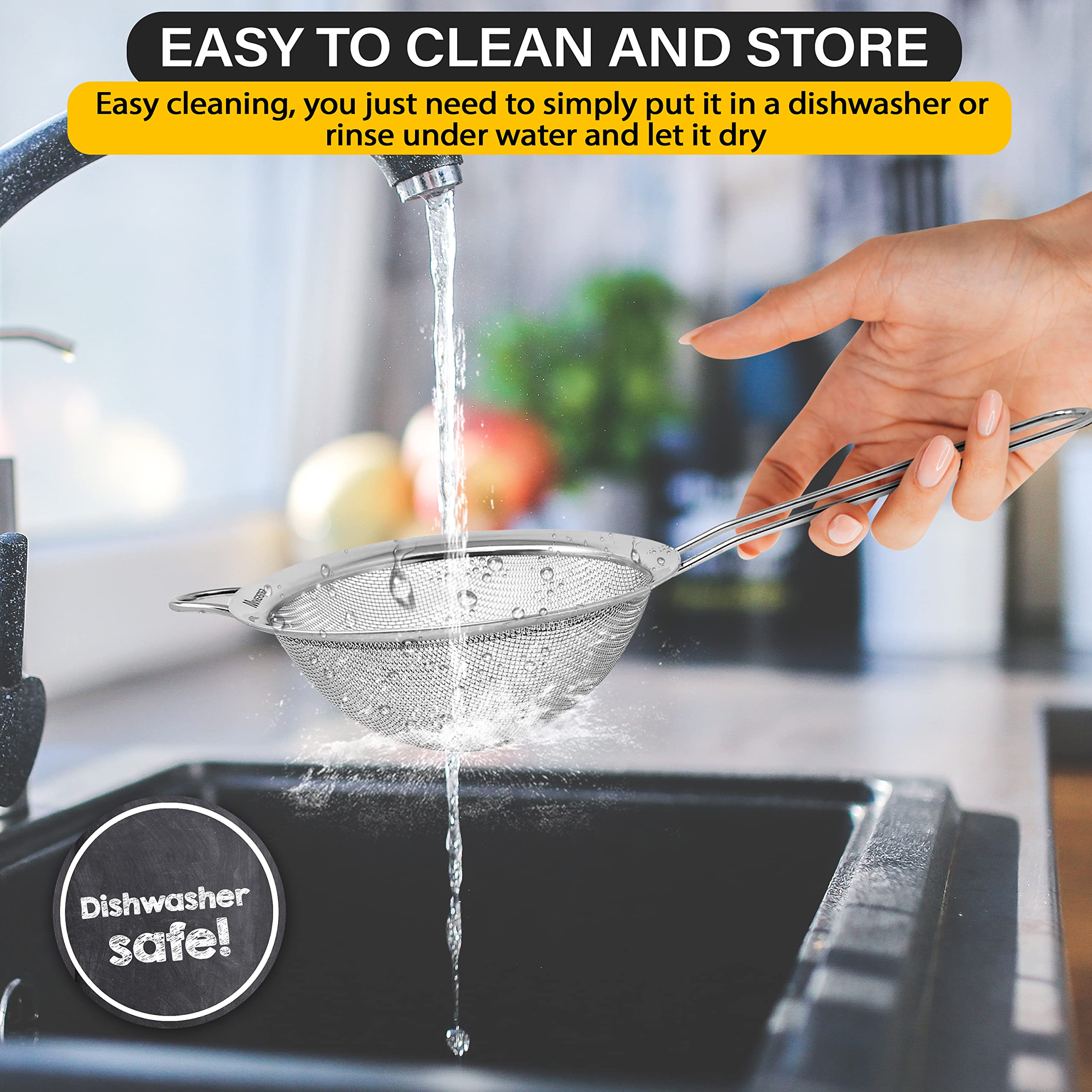 Makerstep Set of 3 Stainless Steel Fine Mesh Strainers Graduated Sizes 3.38", 5.5", 7.87" Strainer Wire Sieve Sifter with Sturdy Handle for Kitchen Gadgets Tools - New Home Kitchen Essentials