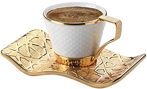 DEMMEX Stunning Espresso Turkish Coffee Cups with Metal Holders and Saucers Set for 6, 2.6 Ounces (White - Gold)