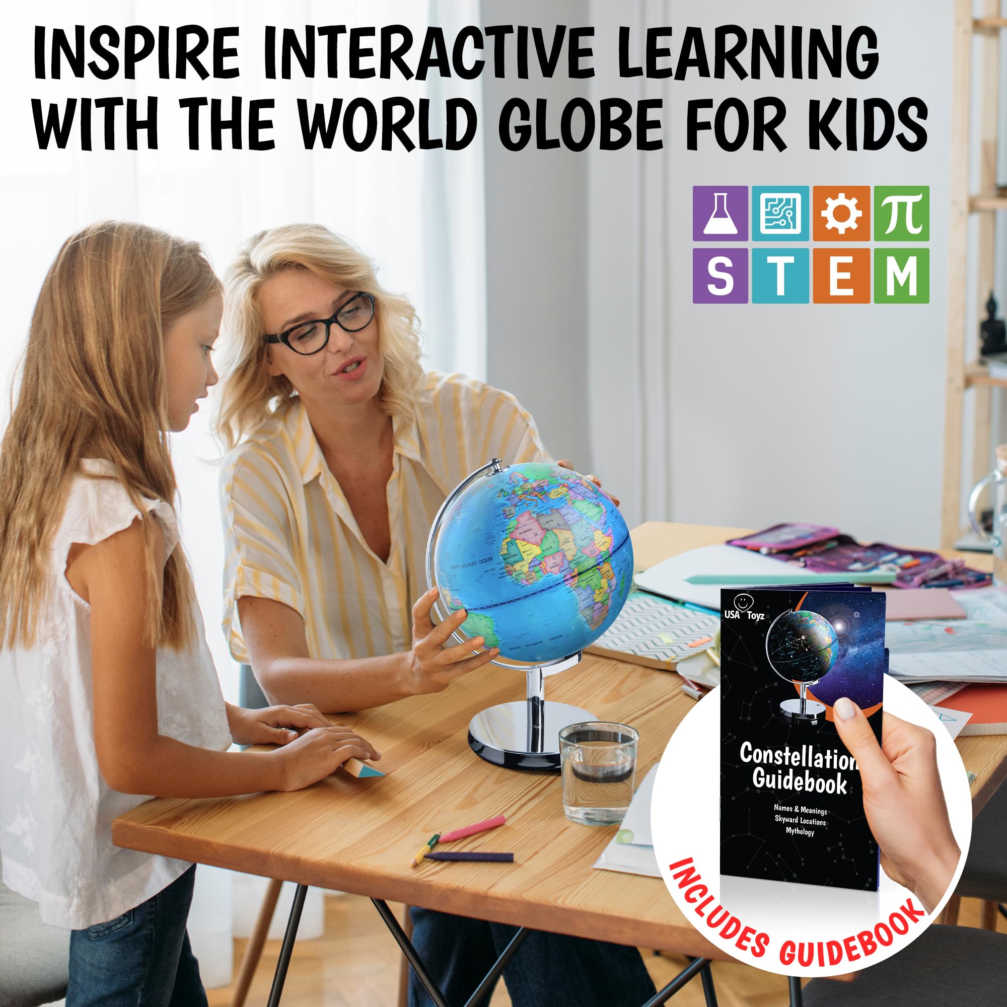 USA Toyz Illuminated Globe for Kids Learning- 3-in-1 STEM Globes of the World with Stand, Constellation Map, Built-in LED Night Light Desk Globe Lamp, Non-Tip Metal Base, 9.75” Tall, 7 Inch Diameter