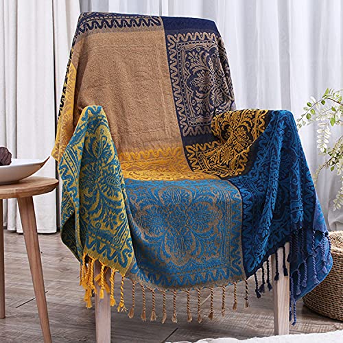 CUEERBOT Bohemian Tribal Throw Blanketļ¼Soft Cozy Reversible Colorfu Jacquard Tassels Throw Blanketsļ¼Chenille Throw Covers for Bed Couch Soft Chair, Recliner (Blue, Small 60 inches x 75 inches)