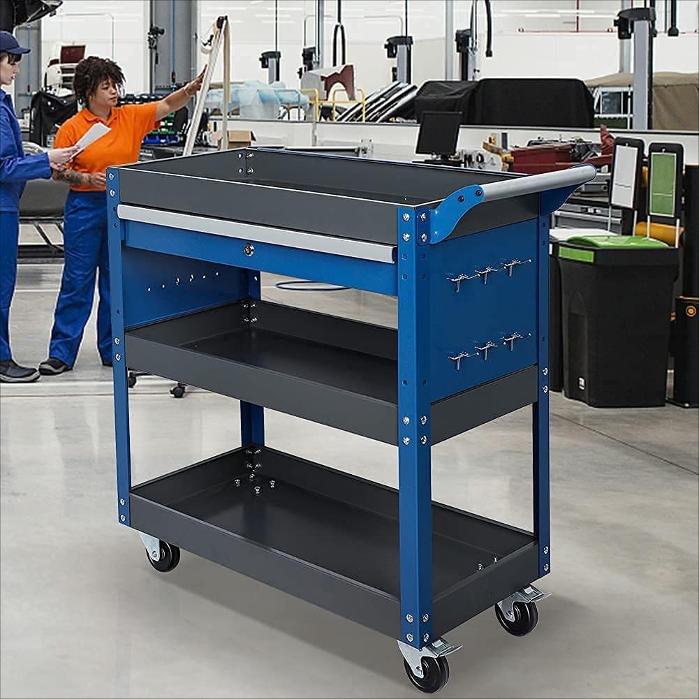 AIRAJ Tool Cart, 3 Tier Rolling Tool Cart with Drawers, Heavy Duty Tool Cart on Wheels for Mechanics,Home Workshop Garage,with Pegboard Hooks, Non-Slip Pearl Wool, 440 lb Load Capacity