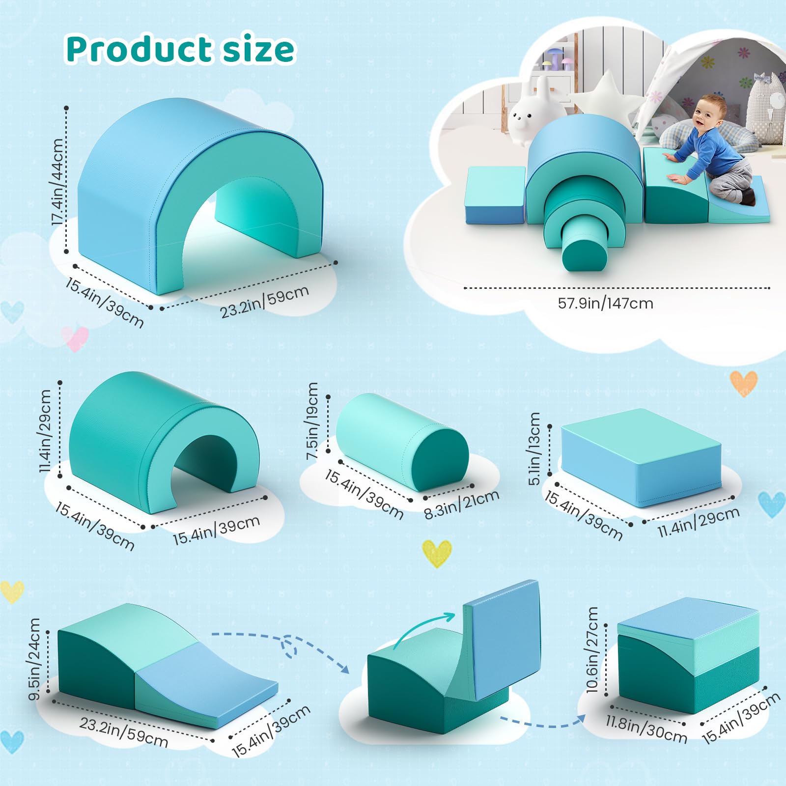Lischwert Foam Climbing Blocks, Soft Climbing Toys for Toddlers, 5 Pieces Crawl and Climb Foam Playset with Foldable Block and Tunnel, Indoor Climber Activity Play Set for Kids Age 1+