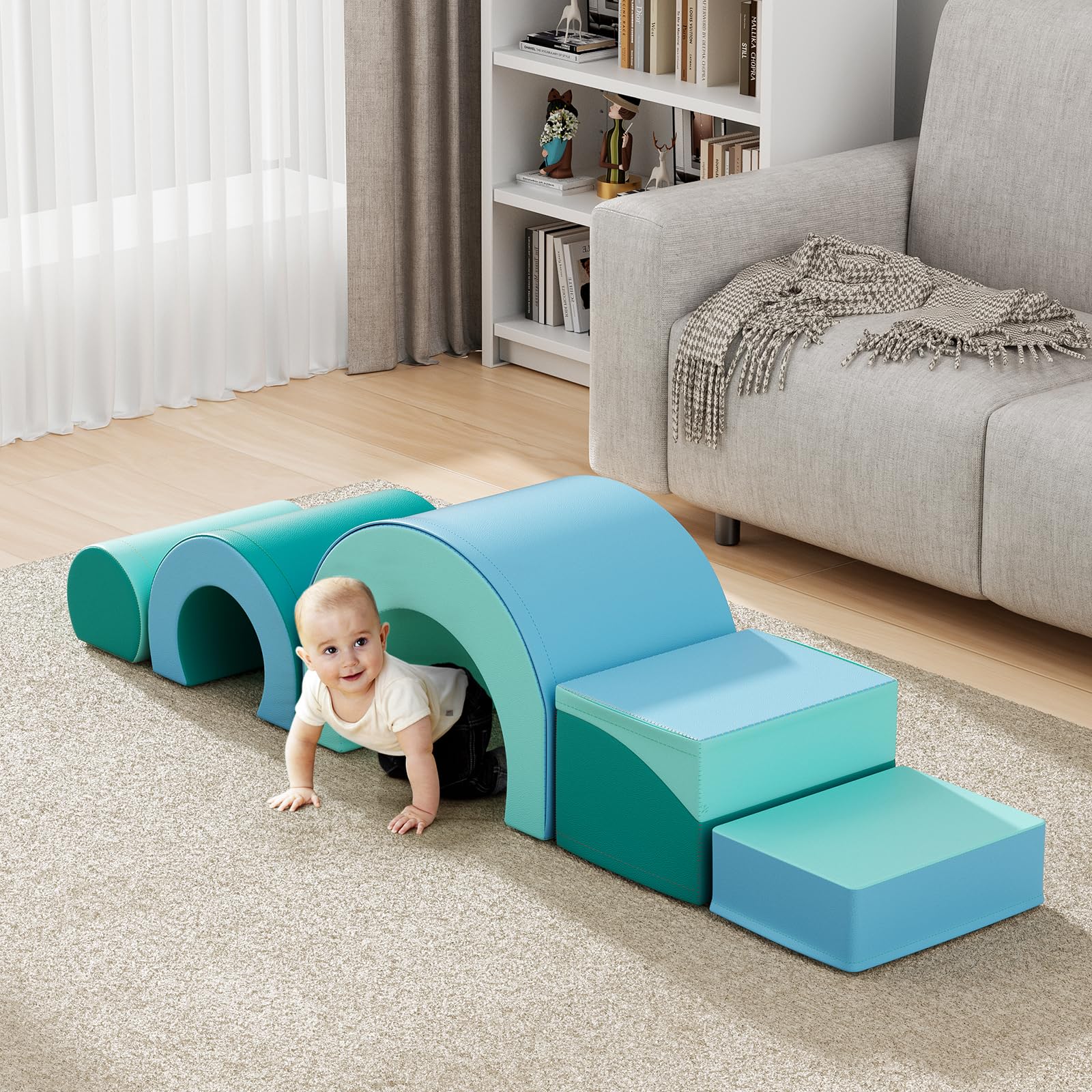 Lischwert Foam Climbing Blocks, Soft Climbing Toys for Toddlers, 5 Pieces Crawl and Climb Foam Playset with Foldable Block and Tunnel, Indoor Climber Activity Play Set for Kids Age 1+
