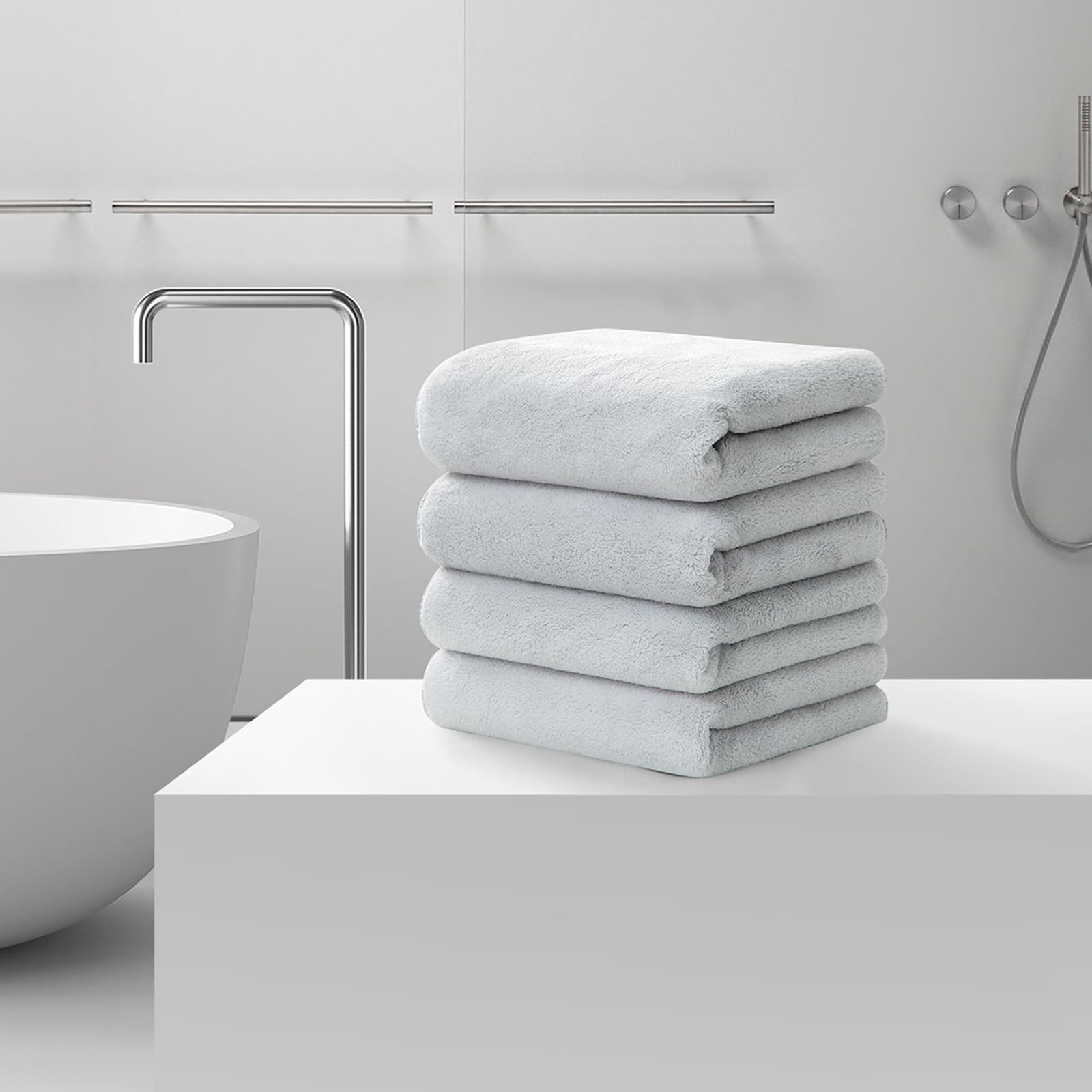 GGT Microfiber Bath Towels, Bath Towel Set 4 Pack (27" x 55"), Super Soft, Absorb and Fast Drying Coral Fleece Towel Set for Bath Fitness, Bathroom, Shower, Sports, Light Grey