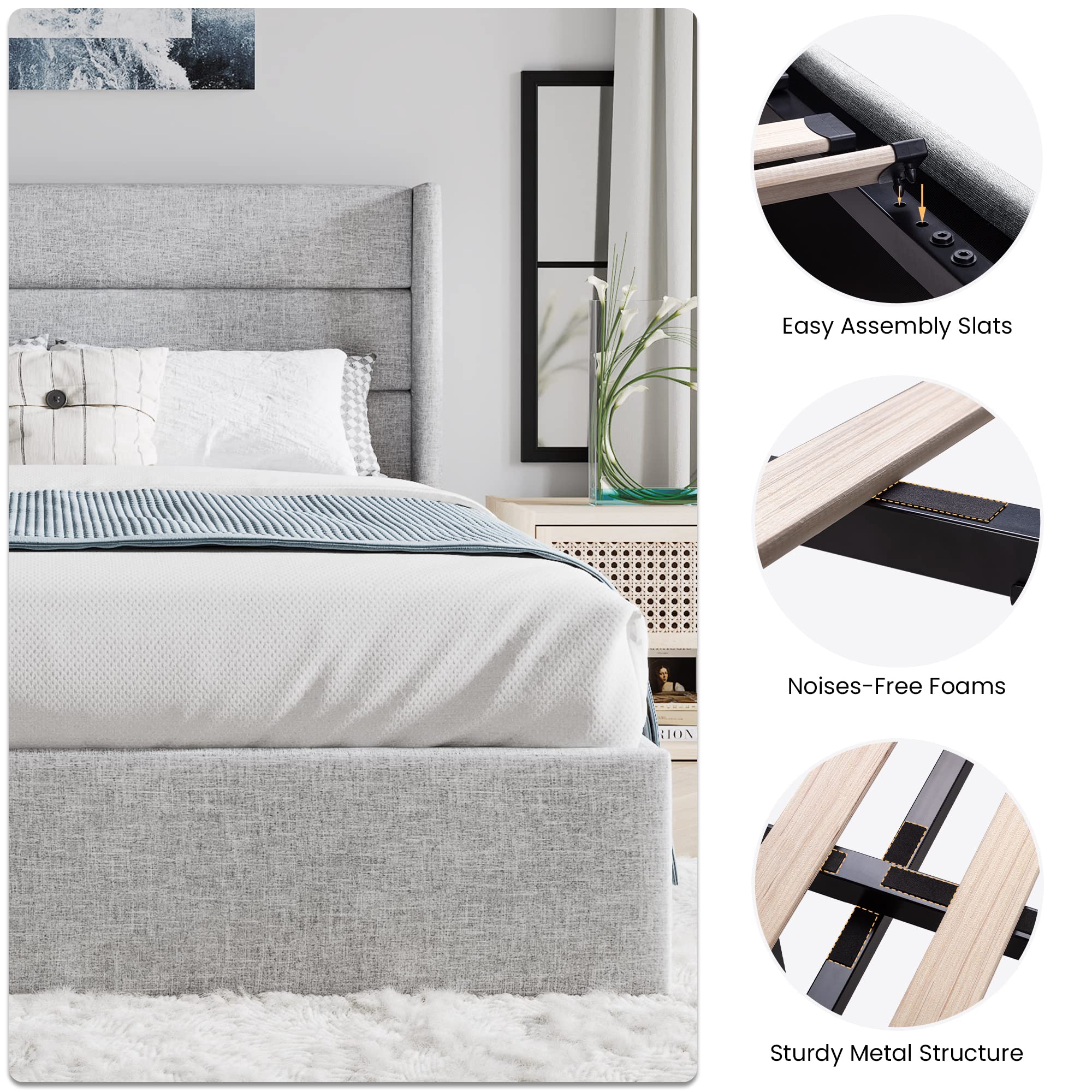 SHA CERLIN King Size Lift Up Storage Bed/Modern Wingback Headboard/Upholstered Platform Bed Frame/Hydraulic Storage/No Box Spring Needed/Wood Slats Support/Light Grey