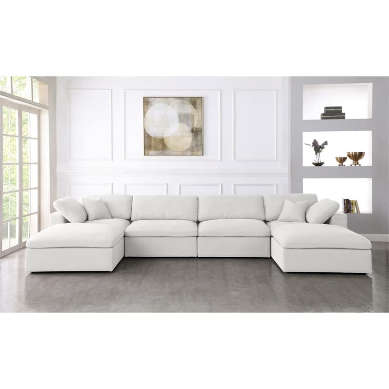 Meridian Furniture Serene Collection Modern | Contemporary Deluxe Cloud-Like Comfort Modular Sectional, Soft Linen Textured Fabric, Down Cushions, 2 Corner + 2 Armless, Cream