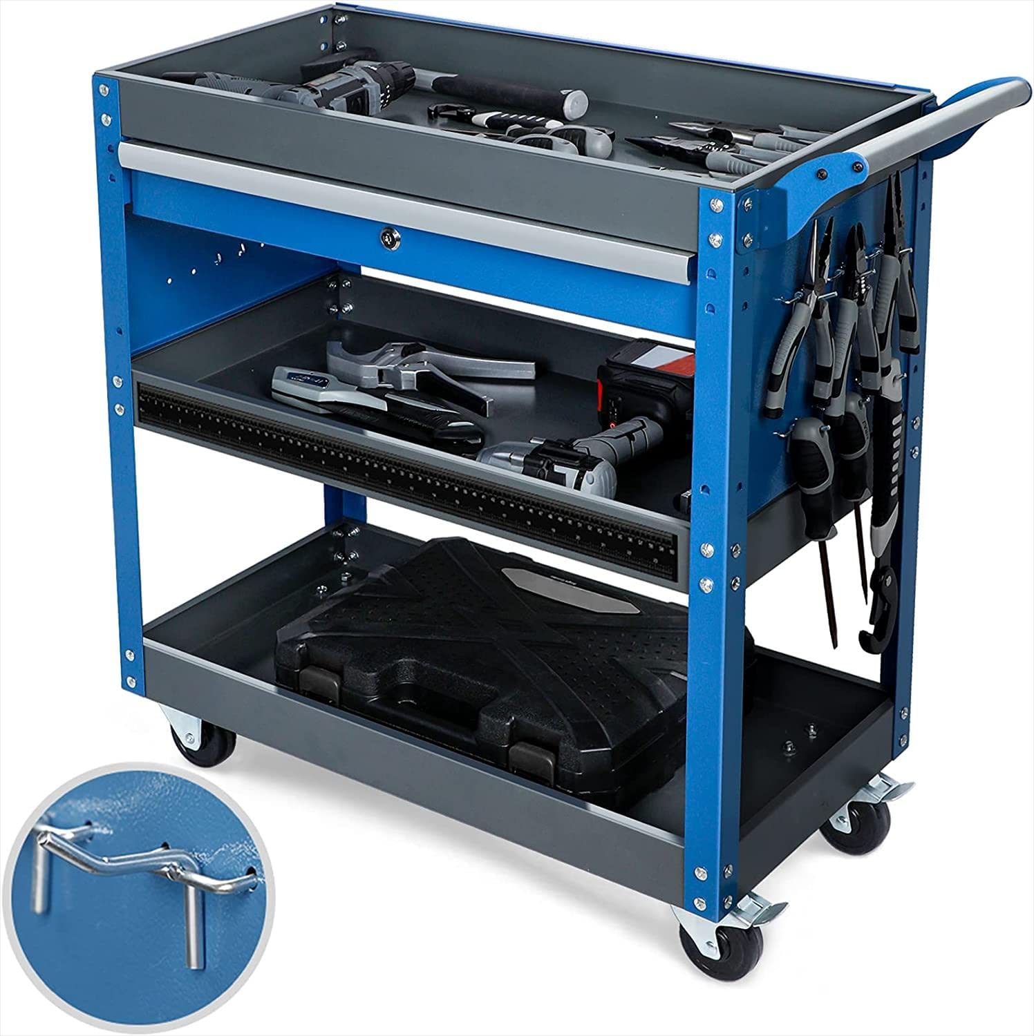 AIRAJ Tool Cart, 3 Tier Rolling Tool Cart with Drawers, Heavy Duty Tool Cart on Wheels for Mechanics,Home Workshop Garage,with Pegboard Hooks, Non-Slip Pearl Wool, 440 lb Load Capacity