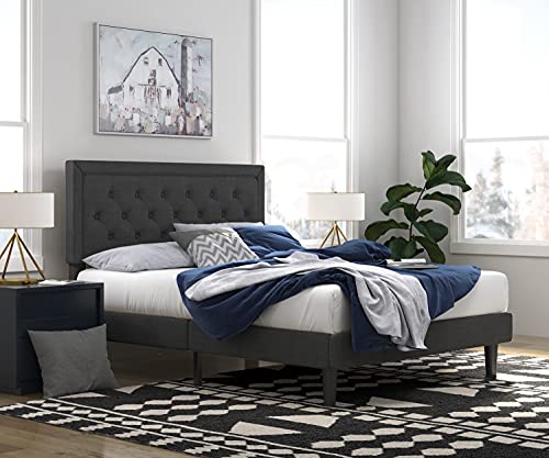SHA CERLIN Queen Platform Bed Frame with Upholstered Headboard and Wood Slats, Fabric Rhombic Button Tufted Adjustable Headboard, No Box Spring Needed