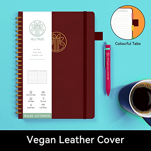 Alltree Lined Spiral Notebook, Hardcover Notebook for Work, Medium A5-6 inches x 8.5 inches,Spiral Journal with Pen Loop, Pocket, 160 Pages, Burgundy