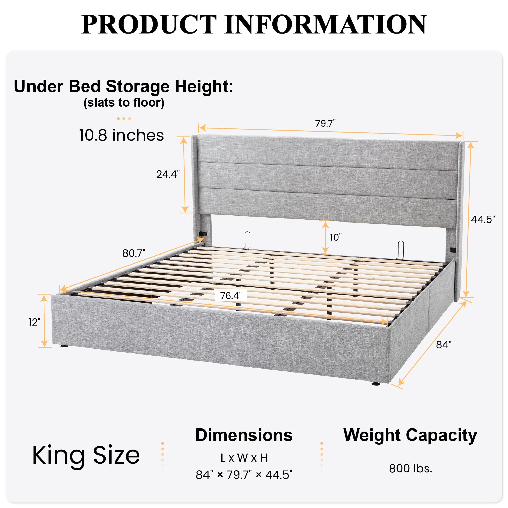 SHA CERLIN King Size Lift Up Storage Bed/Modern Wingback Headboard/Upholstered Platform Bed Frame/Hydraulic Storage/No Box Spring Needed/Wood Slats Support/Light Grey