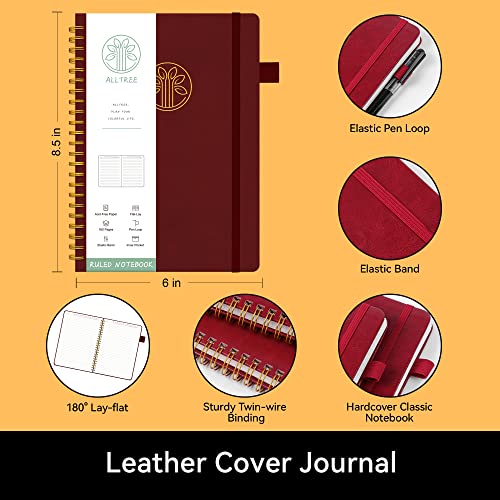 Alltree Lined Spiral Notebook, Hardcover Notebook for Work, Medium A5-6 inches x 8.5 inches,Spiral Journal with Pen Loop, Pocket, 160 Pages, Burgundy