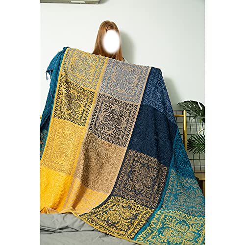 CUEERBOT Bohemian Tribal Throw Blanket,Soft Cozy Reversible Colorfu Jacquard Tassels Throw Blankets,Chenille Throw Covers for Bed Couch Soft Chair, Recliner (Blue, Small 60 inches x 75 inches)