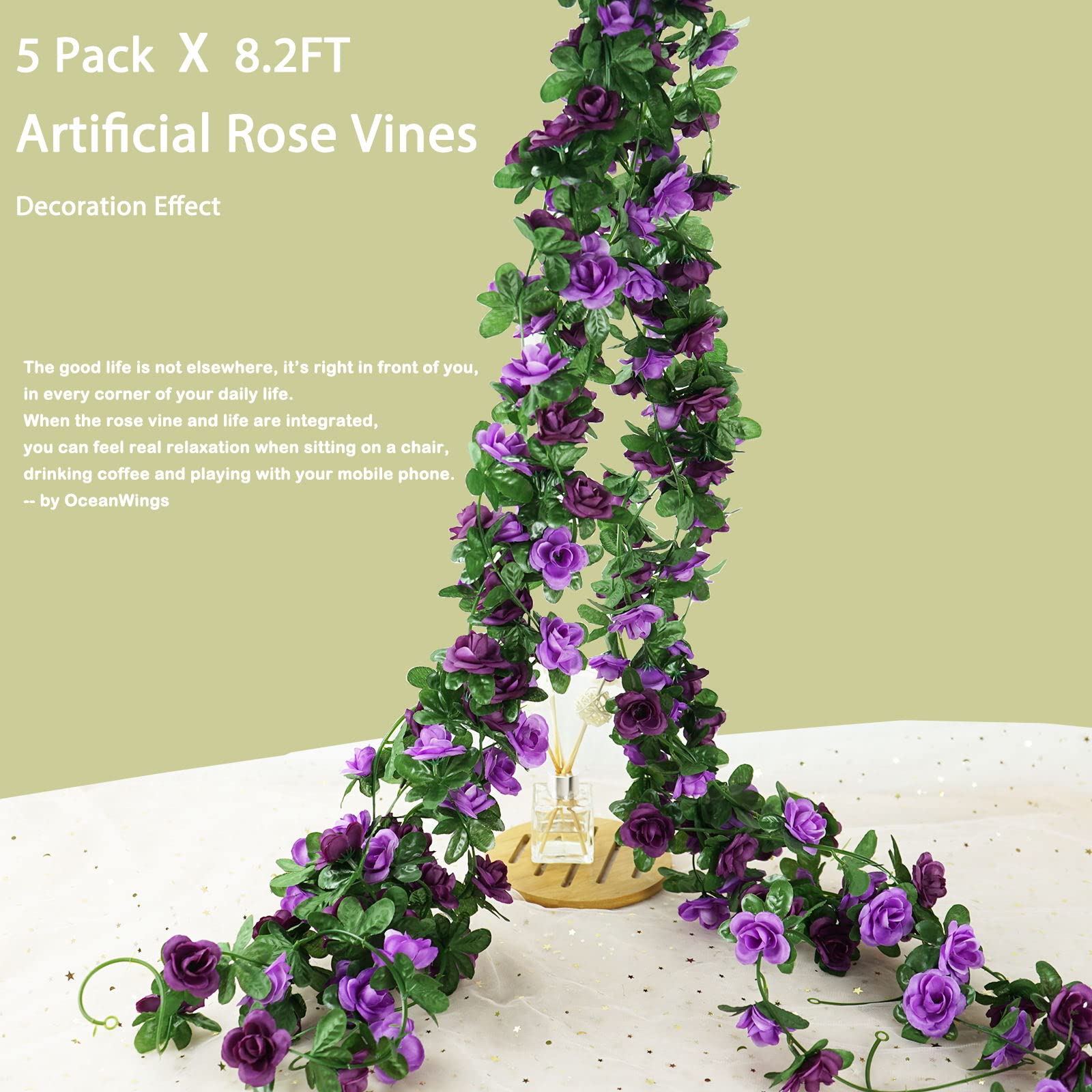 OceanWings Purple Floral Garland Fake Rose Vine, 5 Pack Artificial Floral Garlands Wall Hanging for Backdrop Decoration Wedding Home Garden Decor