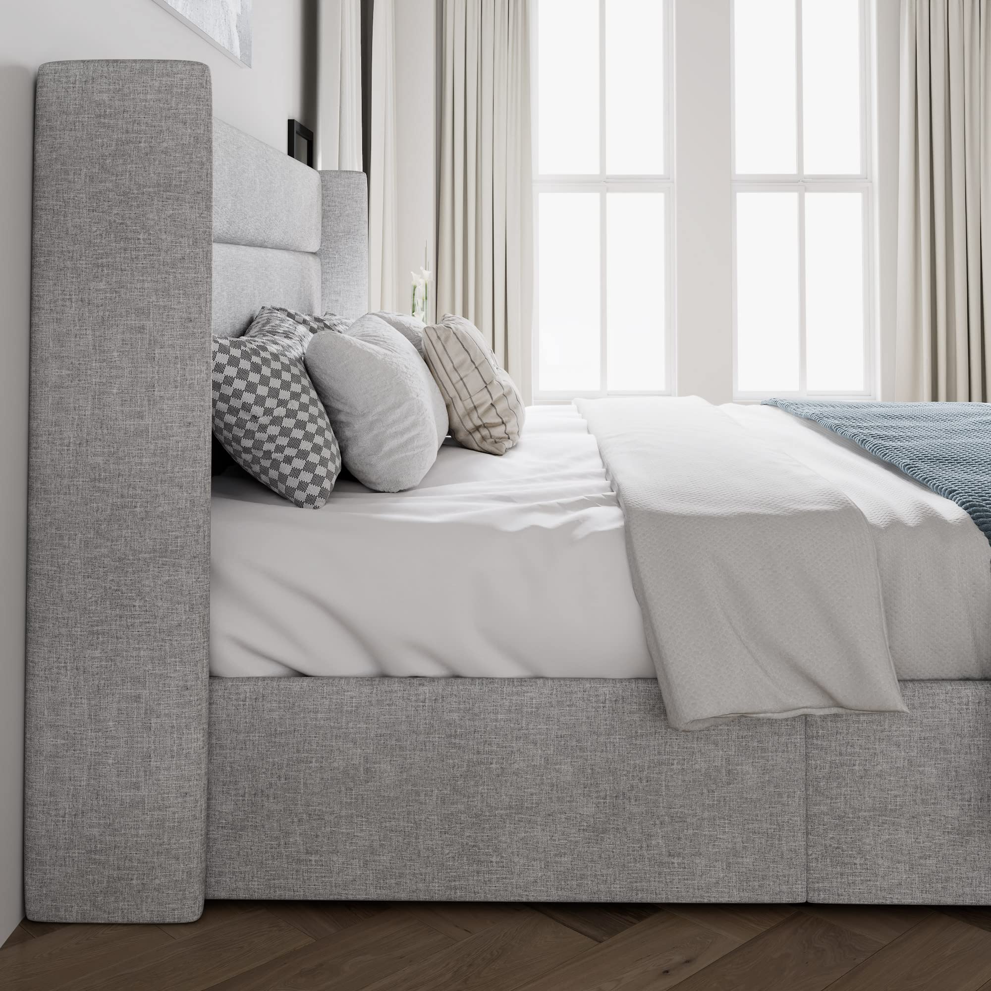 SHA CERLIN King Size Lift Up Storage Bed/Modern Wingback Headboard/Upholstered Platform Bed Frame/Hydraulic Storage/No Box Spring Needed/Wood Slats Support/Light Grey