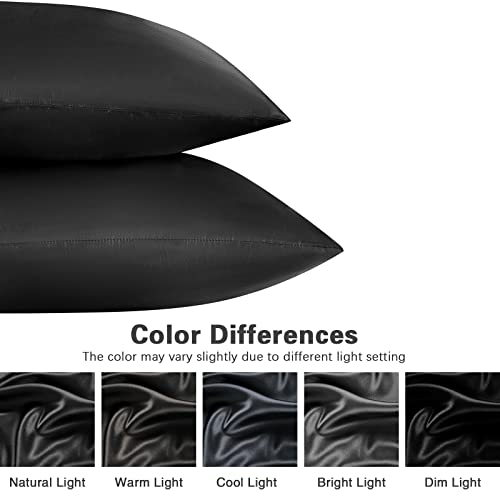 Satin Pillowcase for Hair and Skin, Set of 2 Black Silk Pillowcase Satin Pillowcase with Envelope Closure(Black,20x30 inches)