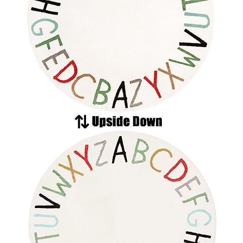 Topotdor Rainbow Round Kids Play Rug,Upside Down Alphabet Nursery Rug Extra Large Soft Crawling Play Mat for Children Toddlers Bedroom (47 inch, Multi Color)