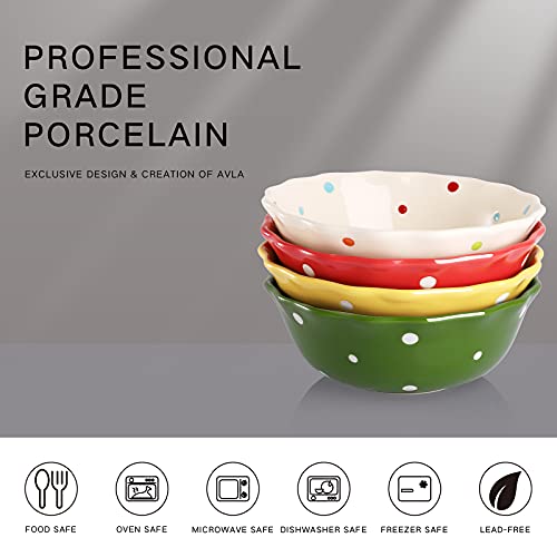 AVLA 4 Pack Porcelain Dessert Bowls, 9 OZ Ceramic Ice Cream Bowls for Kitchen, Small Snack Bowl Set for Appetizer, Nuts, Cereal, Fruit, Soup, Side Dishes, Microwave and Dishwasher Safe (Polka Dot)