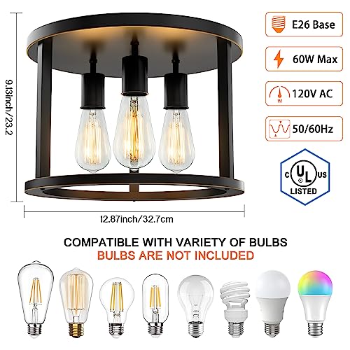 APOTO 3-Lights Semi Flush Mount Ceiling Light Fixture,Black Hallway Light Fixture,Industrial Light Fixture Ceiling Mount,Farmhouse Close to Ceiling Lamp for Entryway Kitchen,Bulb not Included, 2 Pack