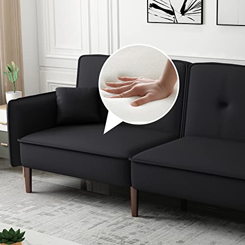 LCH Loveseat Futon, Convertible Sleeper Sofa Couch Bed in Cotton Linen Fabric for Living Room Bedroom Dorm Apartment Studio, Wood Legs, Black
