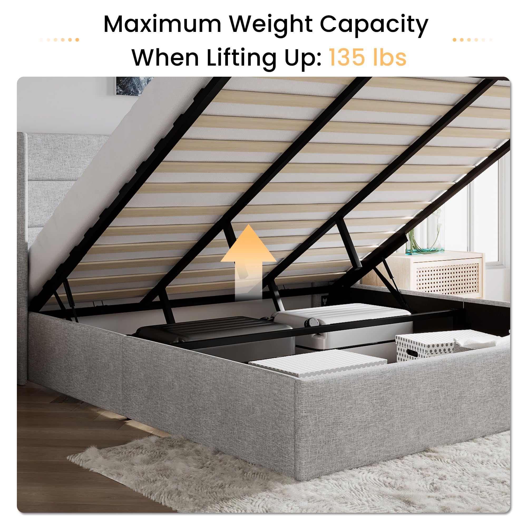 SHA CERLIN King Size Lift Up Storage Bed/Modern Wingback Headboard/Upholstered Platform Bed Frame/Hydraulic Storage/No Box Spring Needed/Wood Slats Support/Light Grey