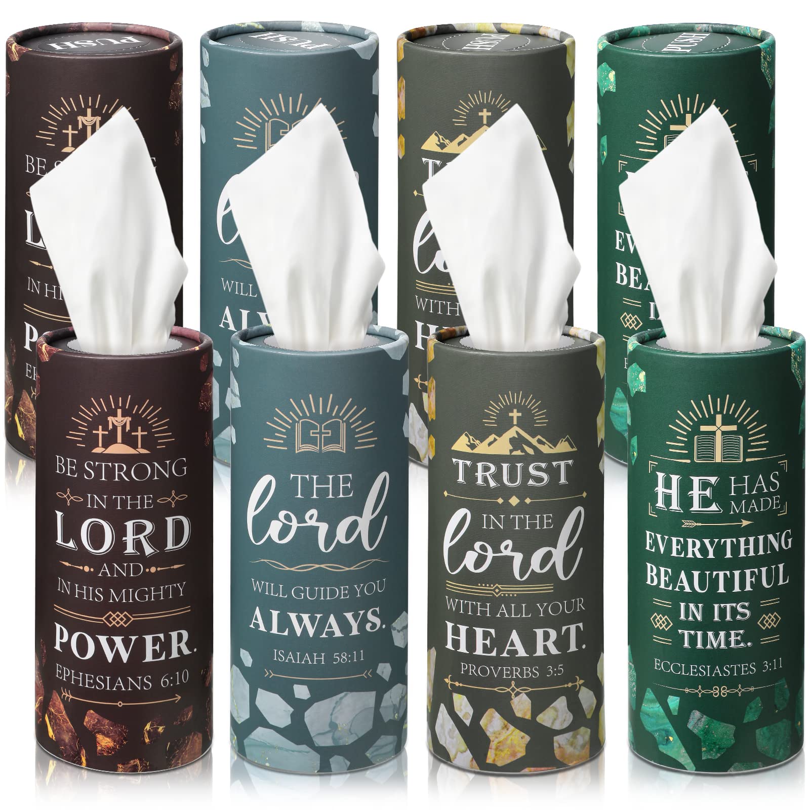 PerKoop 8 Pcs Car Tissue Holder Christian Verses Cylinder Boxes with Facial Tissue Bulk Religious Disposable Round Bible Napkins for Women Teacher Prayer Nurse Holiday Church Supplies Gifts