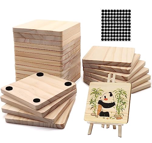 24 PCS Unfinished Square Wood Coasters, 4 Inch Blank Wooden Coasters with 100 Pcs Self Adhesive Non Slip Foam Dots, Wood Slices for DIY Crafts Painting Engraving Home Decoration