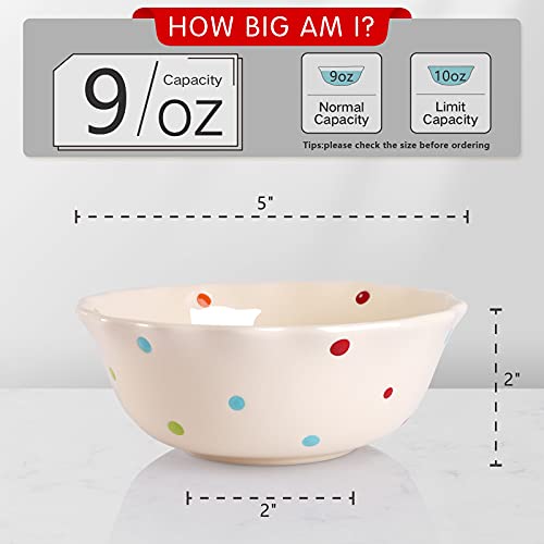 AVLA 4 Pack Porcelain Dessert Bowls, 9 OZ Ceramic Ice Cream Bowls for Kitchen, Small Snack Bowl Set for Appetizer, Nuts, Cereal, Fruit, Soup, Side Dishes, Microwave and Dishwasher Safe (Polka Dot)