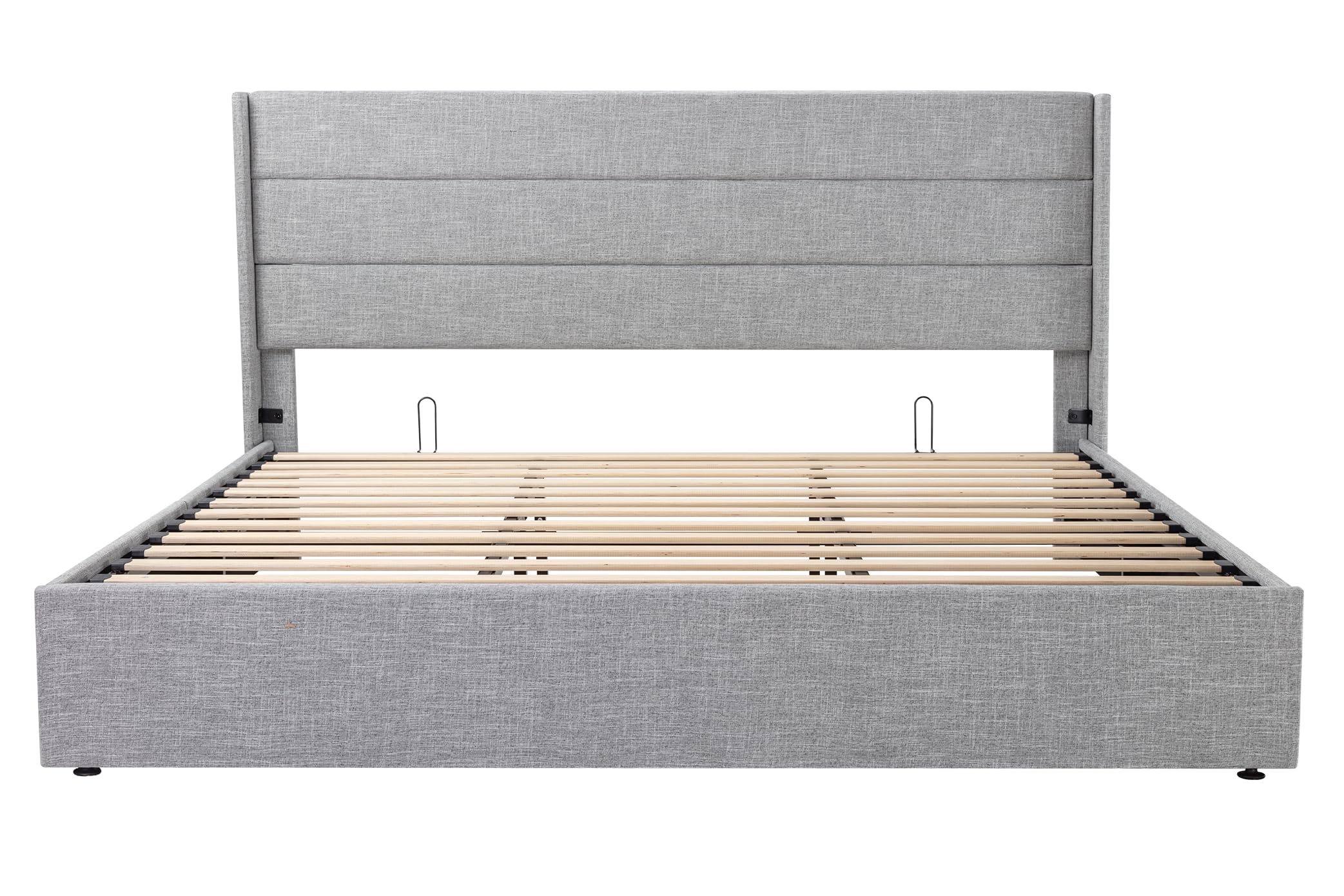 SHA CERLIN King Size Lift Up Storage Bed/Modern Wingback Headboard/Upholstered Platform Bed Frame/Hydraulic Storage/No Box Spring Needed/Wood Slats Support/Light Grey