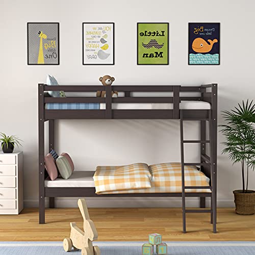 Giantex Twin Over Twin Bunk Bed, Solid Wood Twin Bunk Bed Convertible Into Two Individual Beds, Kids Twin Bunk Bed w/ Ladder & Guard Rail for Boys Girls (Espresso)