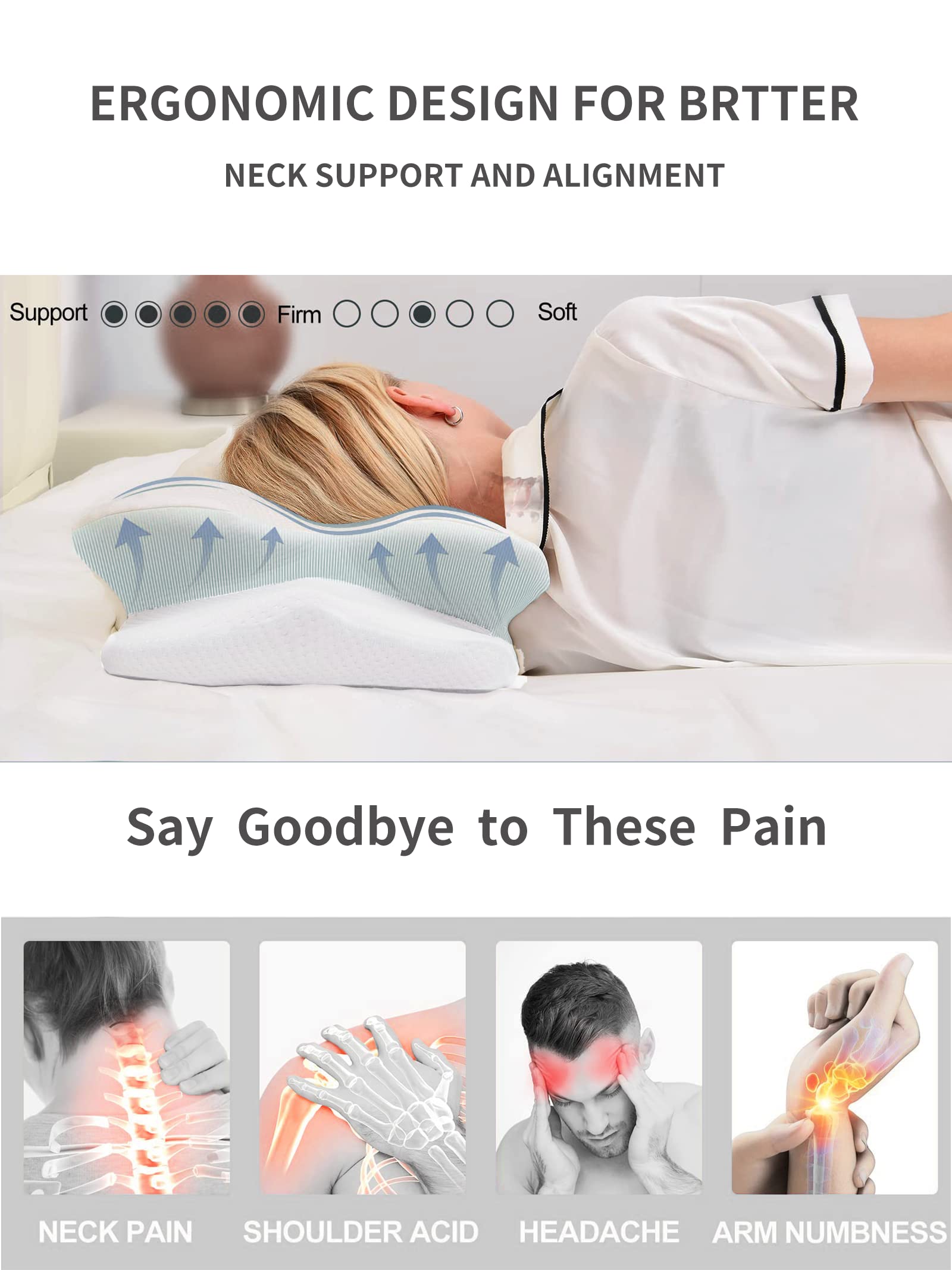 Bespilow Cervical Pillow for Neck and Shoulder Pain Relief,Contour Memory Foam Pillow with Hole,Ergonomic Orthopedic Neck Support Pillow for Side,Back and Stomach Sleepers with Breathable Pillowcase