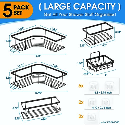 Corner Shower Caddy, 5 Pack Adhesive Organizer Stainless Steel Bathroom Shelves with Holder & 14 Hooks No Drilling Wall Mounted Storage Rack Shelf for Inside Shower, Black